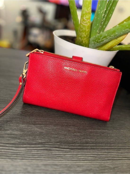 Michael Kors | Bags | Michael Kors Red Pebbled Leather Wristlet With ...